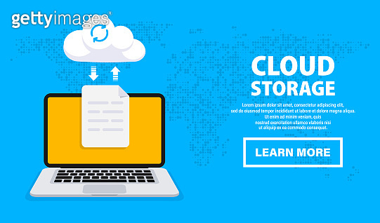 Cloud computing. Uploading process on computer screen. Cloud Data storage and processing. Backup ...