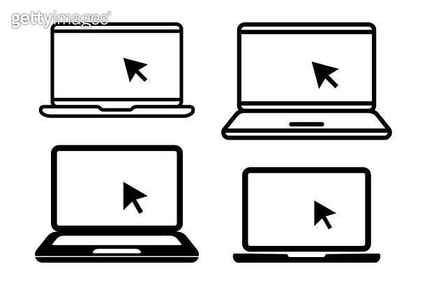Set of laptop vector icons on differents style with pointer or cursor ...