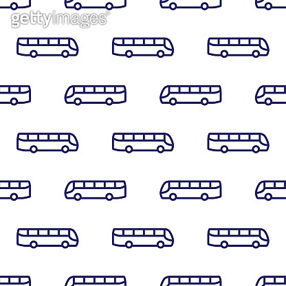 Blue contour linear passenger buses isolated on white background. Side ...