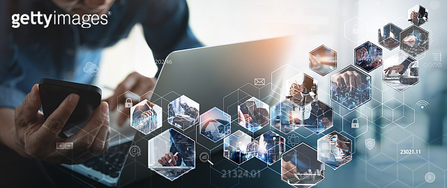 Digital technology, global business network connection, data analysis, social media marketing ...