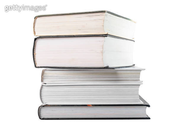 Books stack isolated on white background. Education concept. Code, dictionary, encyclopedia ...