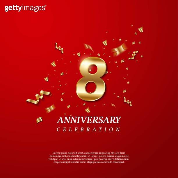 8th Anniversary celebration. Golden number 8 with sparkling confetti ...