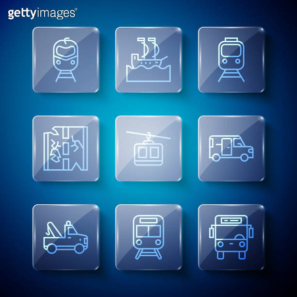 Set line Tow truck, Train and railway, Bus, Cable car, Broken road, and ...