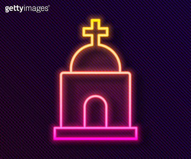 Glowing neon line Old crypt icon isolated on black background. Cemetery ...