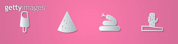 Set paper cut Popsicle ice cream, Nachos, Snake and Cactus icon. Paper ...