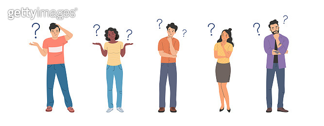 Different young women and men surrounded by a question mark.People ...