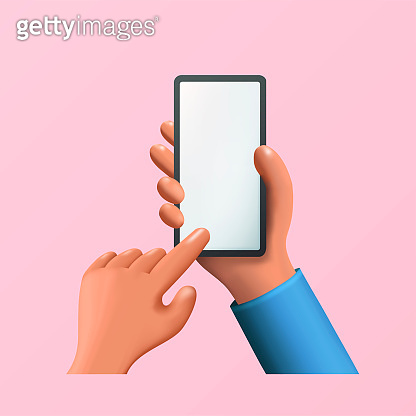 Hand holding smartphone with blank white screen. Forefinger touching. 3d Vector flat style ...