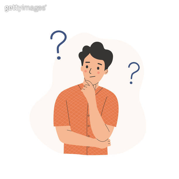 Young man with question mark in think bubble. Flat style cartoon vector ...