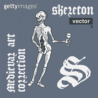 Skeleton vector engraving style illustration. Medieval art with ...