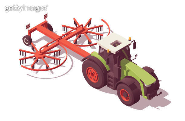 Isometric tractor with agricultural equipment set. Isolated low poly ...