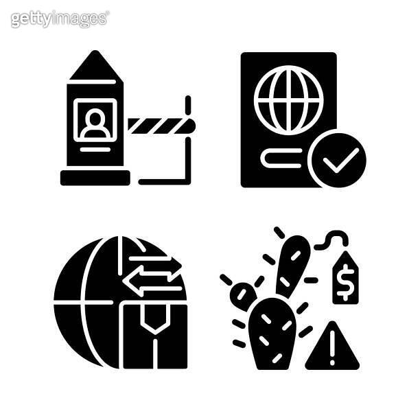 Borders control measures black glyph icons set on white space ...