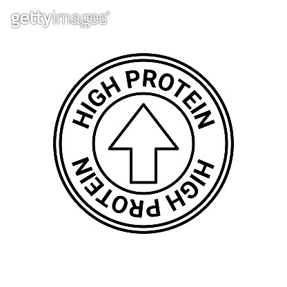 High protein sign, label, sticker in circle with arrow. Food and diet ...