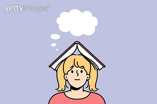 Girl with book on head imaging 이미지 (1415420851) - 게티이미지뱅크