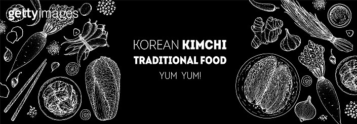 Kimchi cooking and ingredients for kimchi, sketch illustration. Korean ...