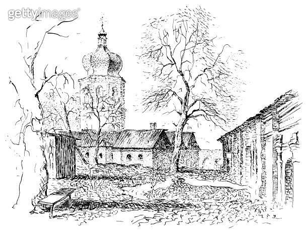 Hand drawn ink and pen sketch of bell tower and monastery houses in ...