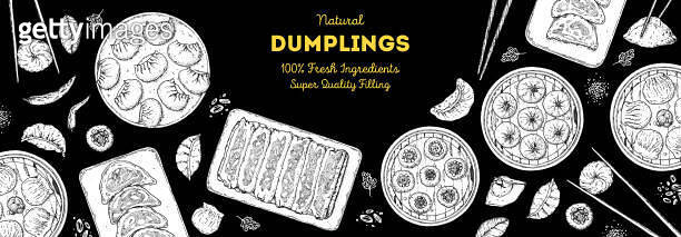 Dumplings top view frame. Food menu design template. Hand drawn vector ...