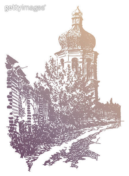 Hand drawn brown ink and pen sketch landscape of bell tower and ...