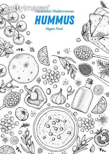 Hummus cooking and ingredients for hummus, sketch illustration. Middle ...