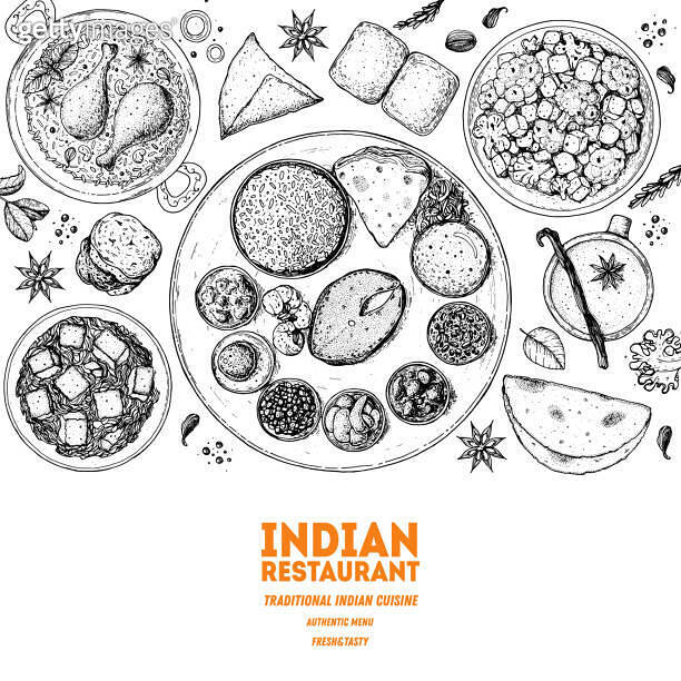 Indian food illustration. Hand drawn sketch. Indian cuisine. Doodle ...