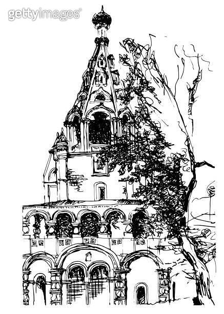 Vector traced hand drawn architectural sketch of ancient bell tower ...