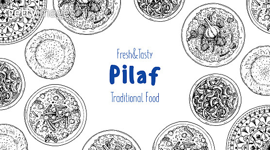 Pilaf cooking and ingredients for pilaf, sketch illustration. Middle ...