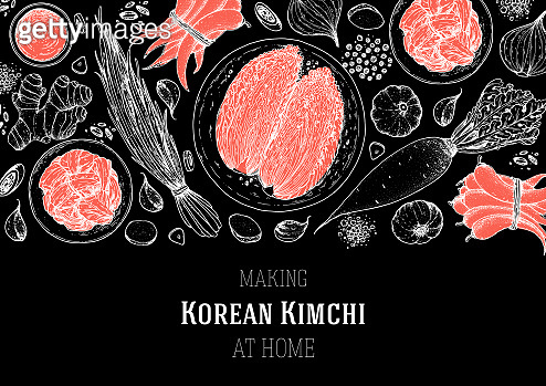 Kimchi cooking and ingredients for kimchi, sketch illustration. Korean ...