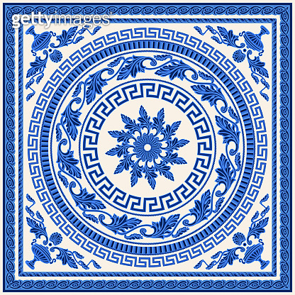 Blue baroque scrolls, indigo Greek key pattern, meander border, floral ...