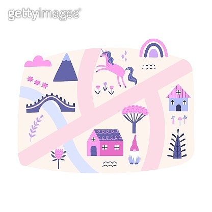 Kids map with magical characters and objects hand-drawn vector ...