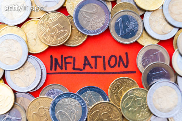 Word "inflation" and around coins. Rising prices and inflation. 이미지 ...