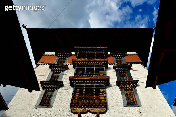 Rinpung Dzong (Paro Dzong) - tower with traditional 'nyimchu rabsel ...
