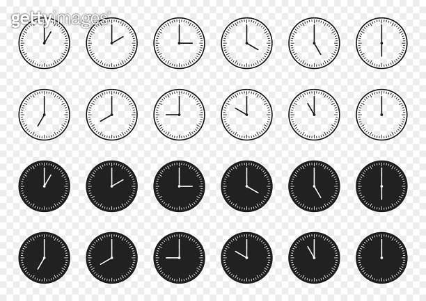 Set of clock icons for every hour. Black and linear style. Vector EPS ...