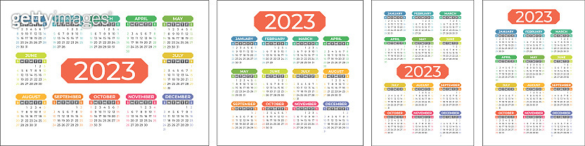 Calendar 2023 set. Color english calender template collection ...