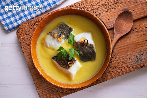 Bacalao al pil pil traditional tapa from the north of Spain. Coconut ...