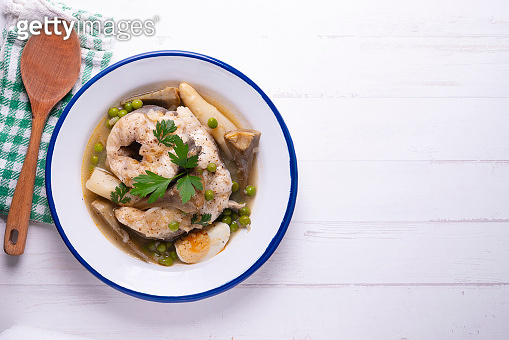 Conger eel with white asparagus and egg. Traditional Spanish tapas from ...
