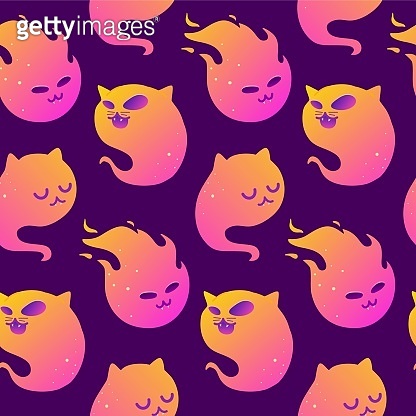 Mystical seamless pattern with cartoon shiny cats. Magic characters of ...