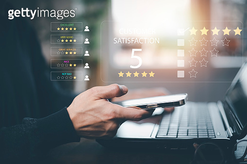 Man touch smartphone with Customer review satisfaction feedback survey concept, User give rating ...