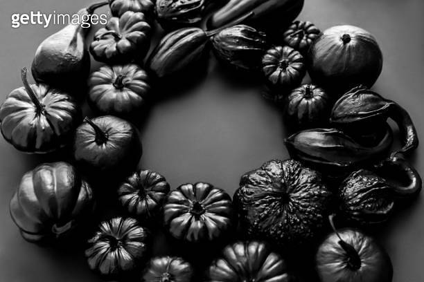 Various kinds cute mini pumpkins in black colour placed in circle with ...