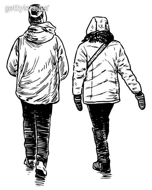 Hand drawing of couple teens friends walking together outdoors ...
