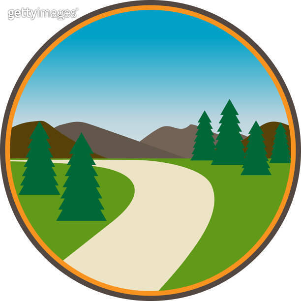 Curved walking path trail with pine trees and mountains - Vector ...