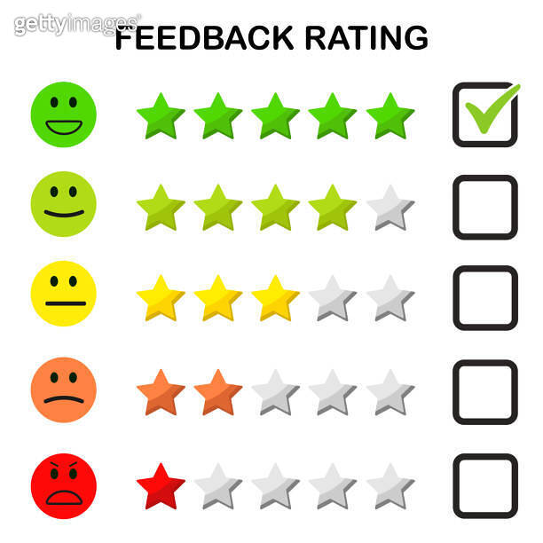 Emotion feedback stars scale with check mark isolated on white ...