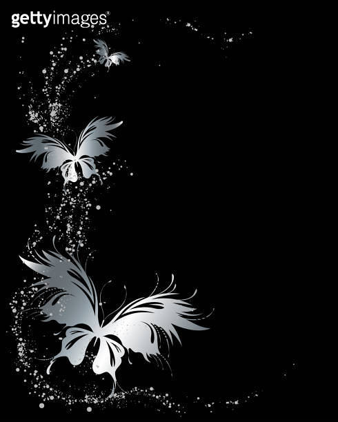 Abstract black background with silver flying butterflies. Vector frame ...