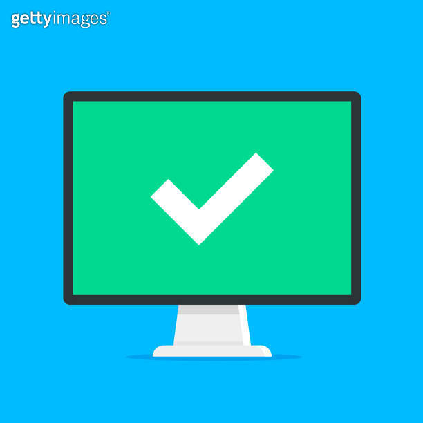 Check mark on computer screen. Desktop PC and tick. Vector illustration ...