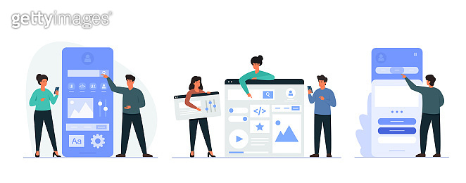 Set of UI and UX design concepts with designers creating functional web ...