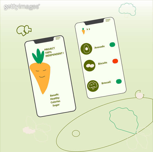 Healthy food mobile application concept. Mobile App with example of ...
