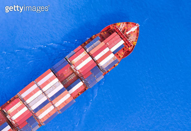 high angle view of the shipping system transport containers by cargo ...