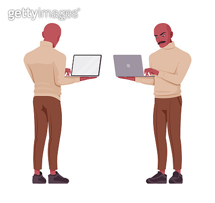 Handsome bold man, person of Latin America standing with laptop 이미지 ...