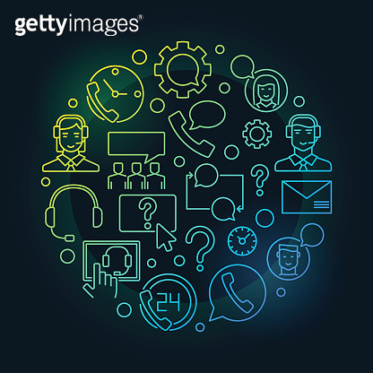 Colorful customer service and support round vector linear illustration ...