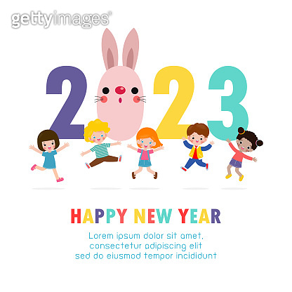 Happy new year 2023 greeting card Colorful Merry Christmas kids ...