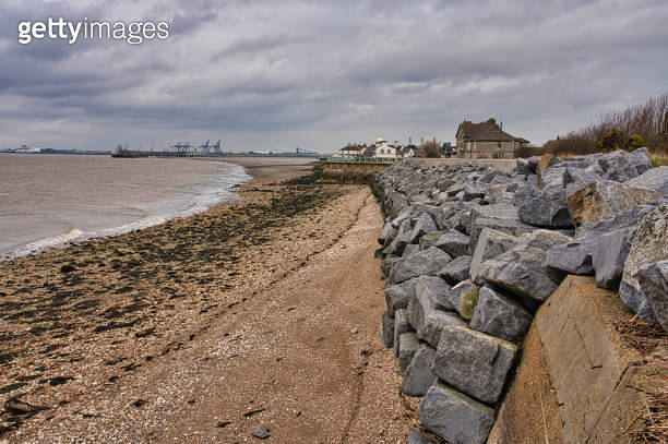 Concrete breakwater sea defences, Paull, Holderness, East Riding of ...