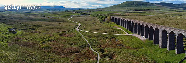 Aerial view of Ribblehead Viaduct railway bridge, Ribblesdale ...